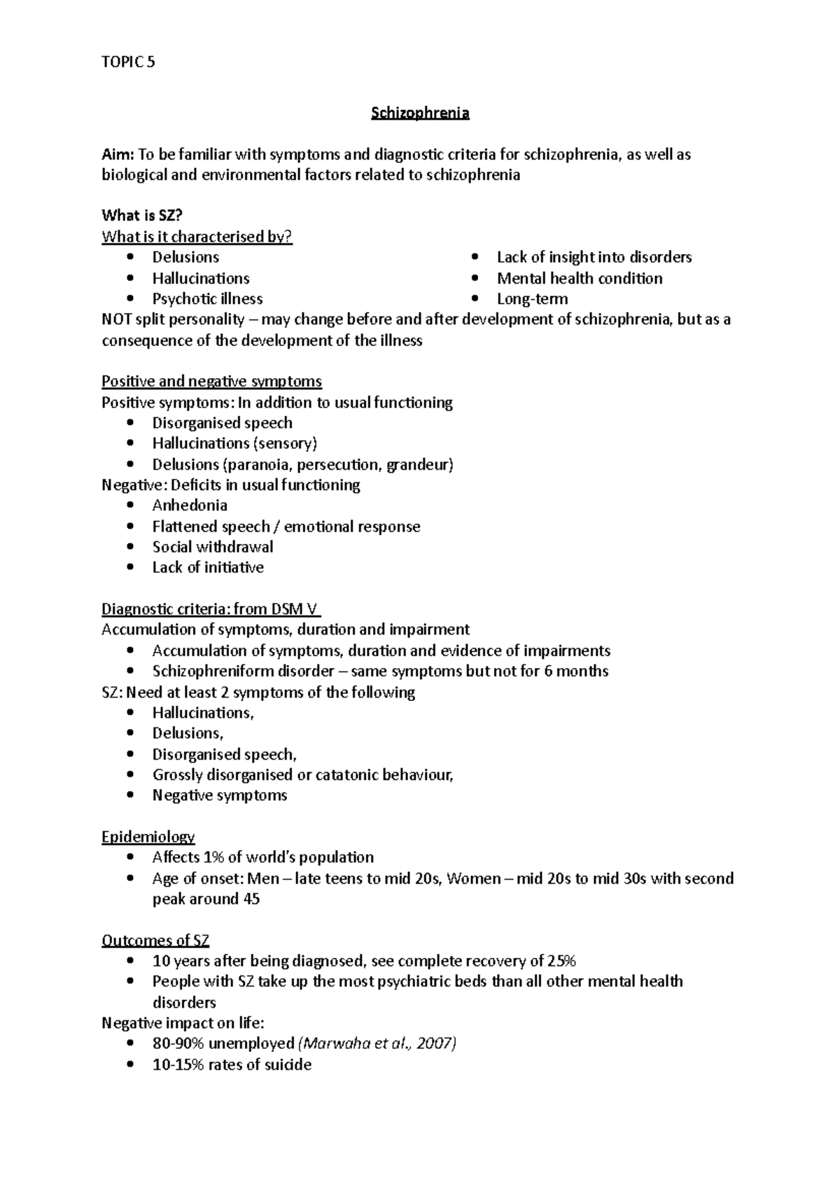 Schizophrenia lecture notes - Schizophrenia Aim: To be familiar with ...