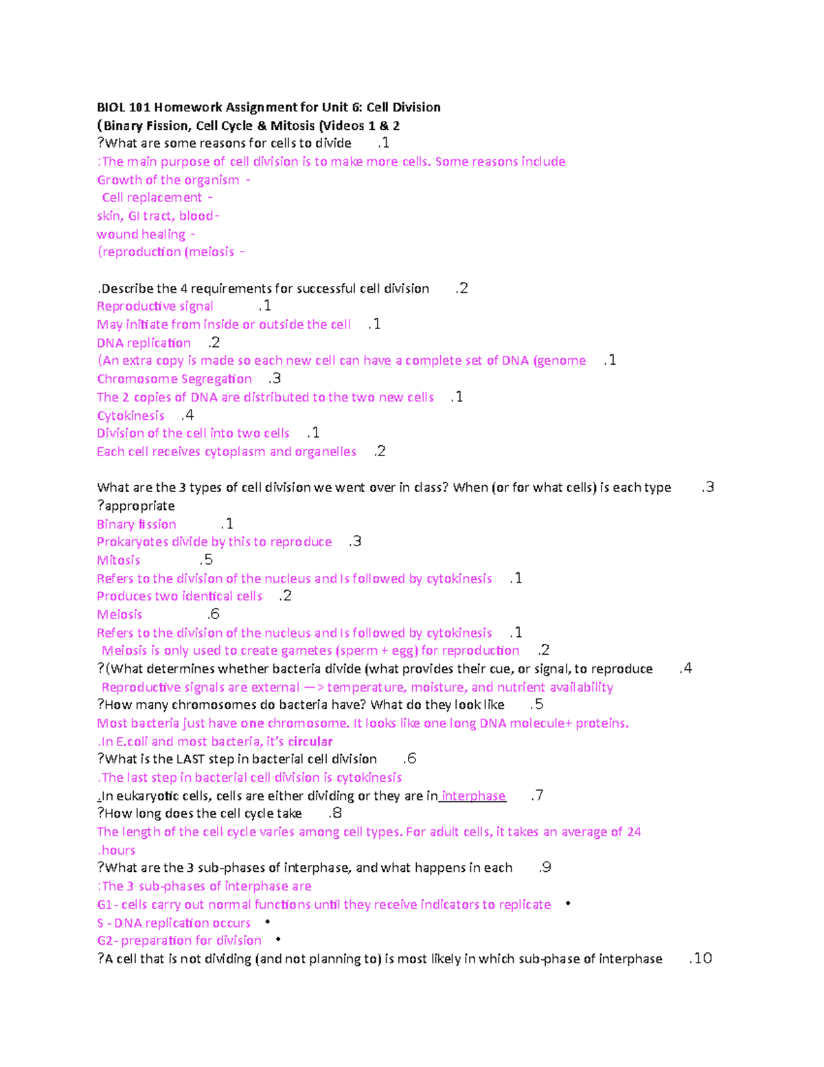 BIOL 101 HW - Cell Division Completed - BIOL 101 Homework Assignment for Unit 6: Cell Division ...