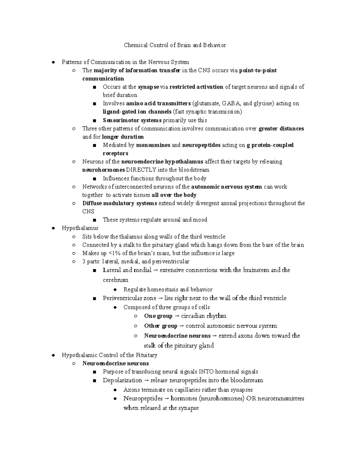 Lecture 6 Chemical Control of Brain and Behavior - Chemical Control of ...