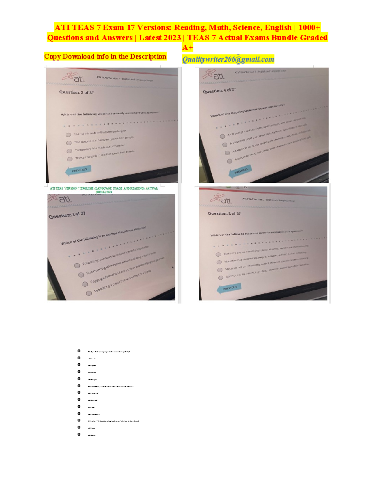 ATI TEAS 7 Exam Bundle Latest Versions (New Version) Comprehensive ...