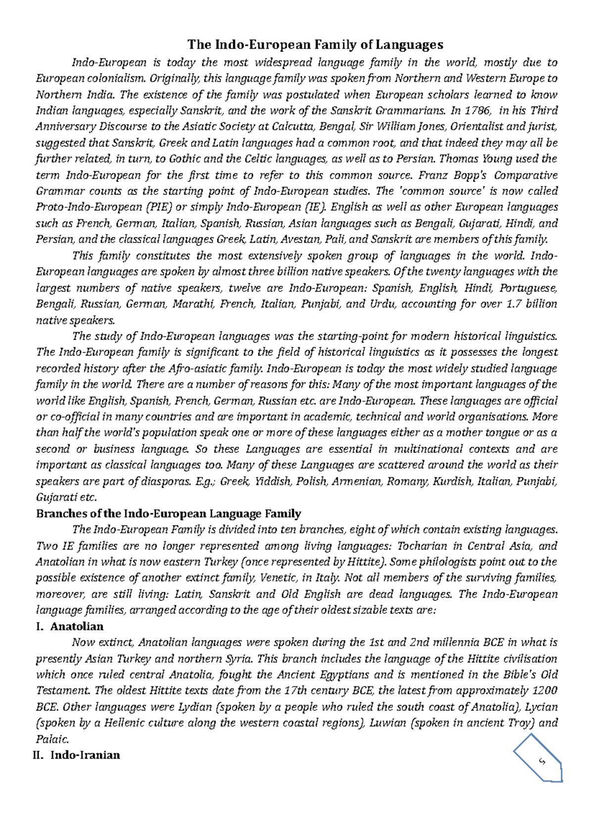 MAJOR LANGUAGE FAMILIES OF THE WORLD - 5 The Indo-European Family of ...