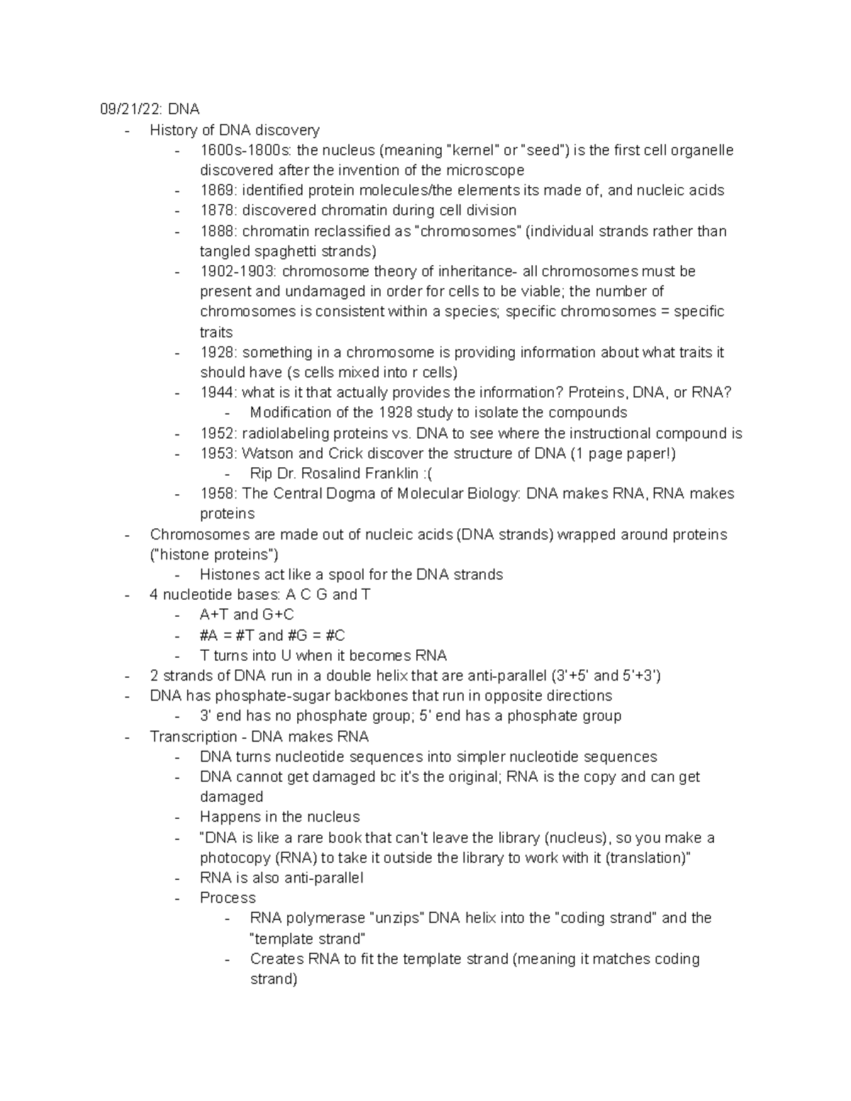 9-21-22 LFSC Notes - DNA - 09/21/22: DNA History of DNA discovery 1600s ...