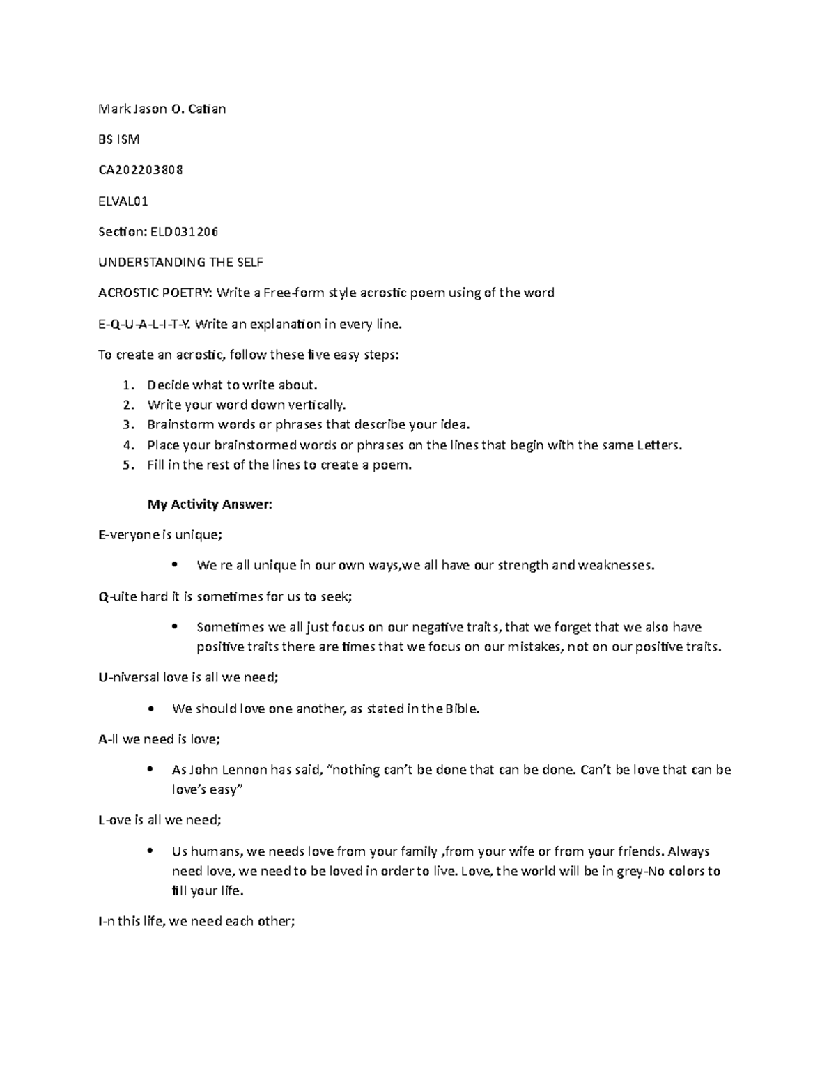 Elval 01 Activity 4 - Mark Jason O. Catian BS ISM CA ELVAL Section: ELD ...