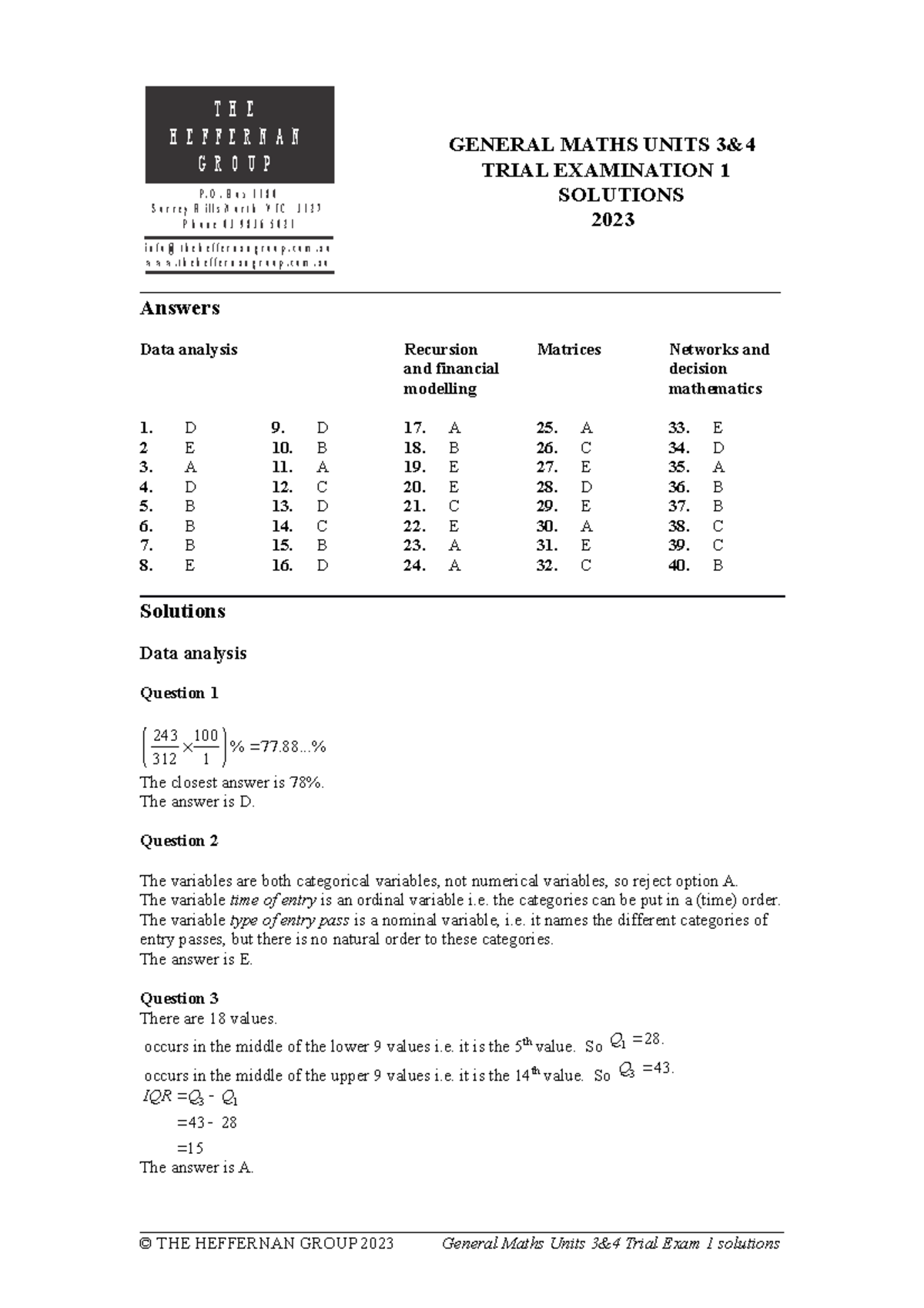2023 General Maths Units 3 & 4 Exam 1 solutions - GENERAL MATHS UNITS 3 ...