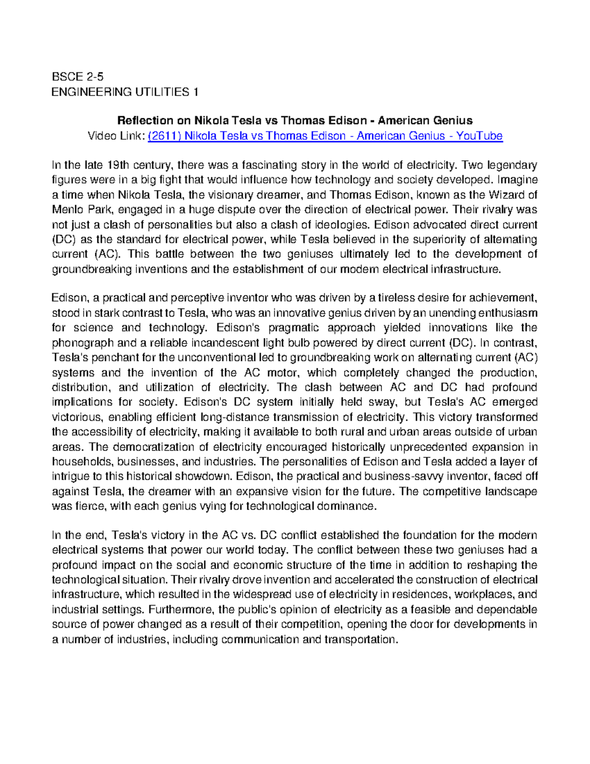 Engineering Utilities Reflection Paper - BSCE 2- 5 ENGINEERING ...