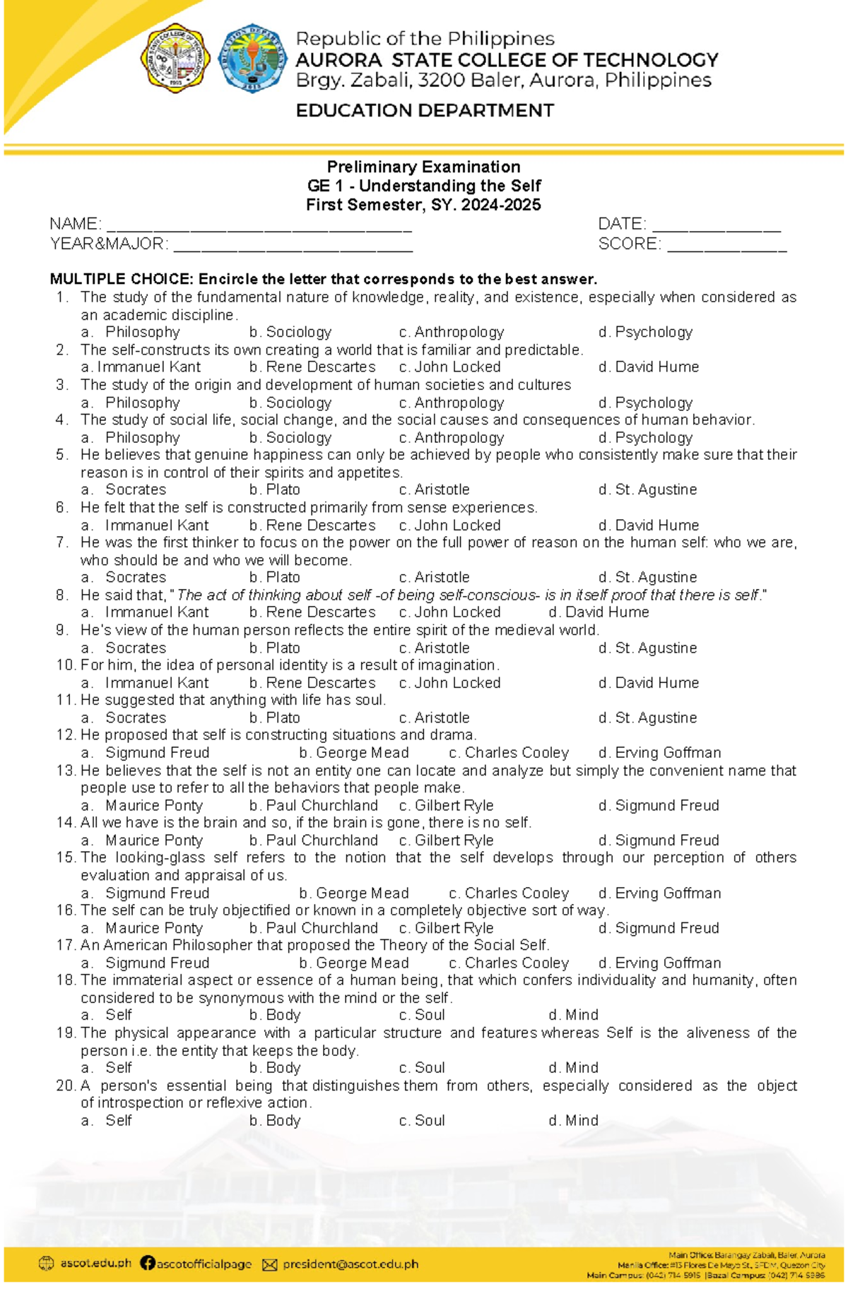 UTS Prelim exam - Exam - Preliminary Examination GE 1 - Understanding ...