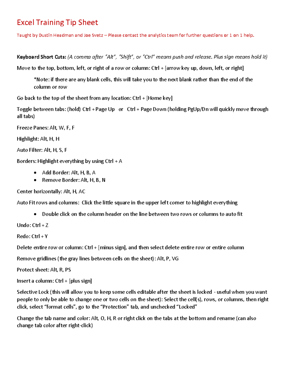 Excel Training Tip Sheet - Excel Training Tip Sheet Taught by Dustin ...