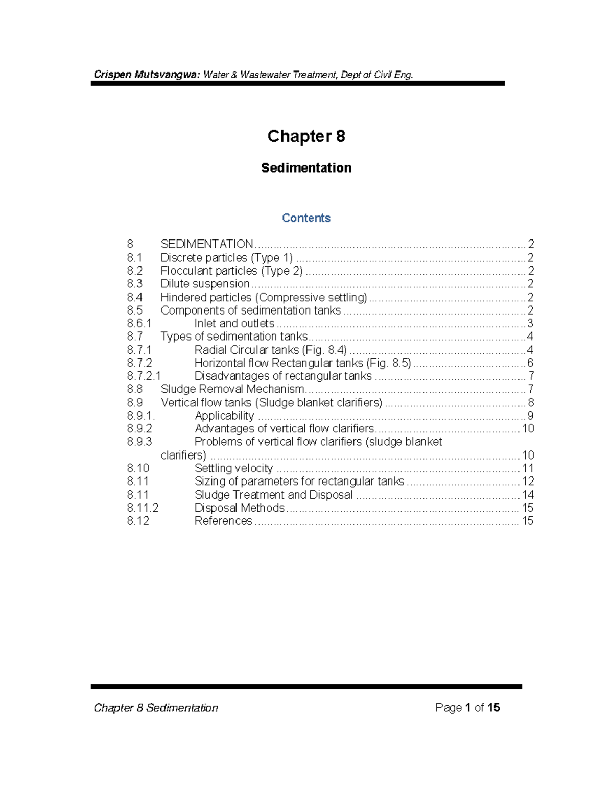 Chapter 8 Sedimentation - Sedimentation - Chapter 8 SEDIMENTATION ...