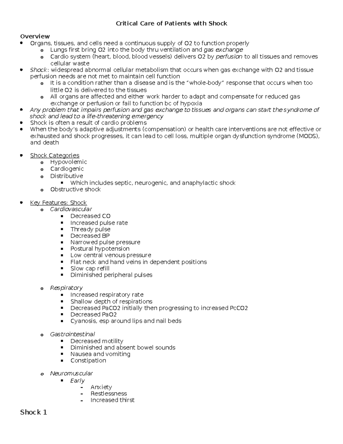 Shock Outline - Critical Care of Patients with Shock Overview Organs ...