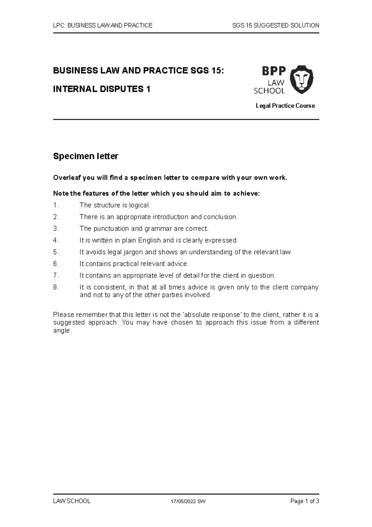 BLP SGS 15 Letter Solution 22-23 - LPC: BUSINESS LAW AND PRACTICE SGS ...