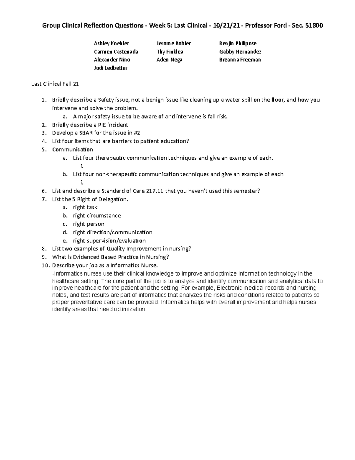 Clinical Reflection Q s - Last Clinical - Group Clinical Reflection ...