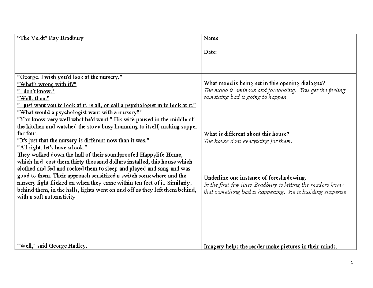 The Veldt with annotations 2 - “The Veldt” Ray Bradbury Name: - Studocu