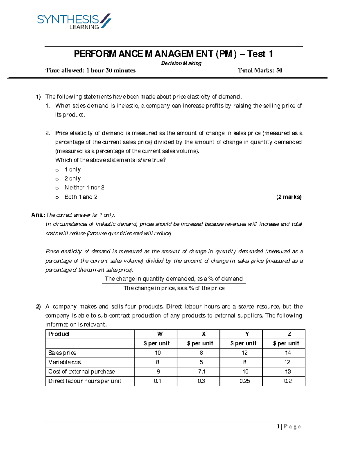 Test 1 Solution - CHAPTER TEST - PERFORM ANCE M ANAGEM ENT (PM ) – Test ...