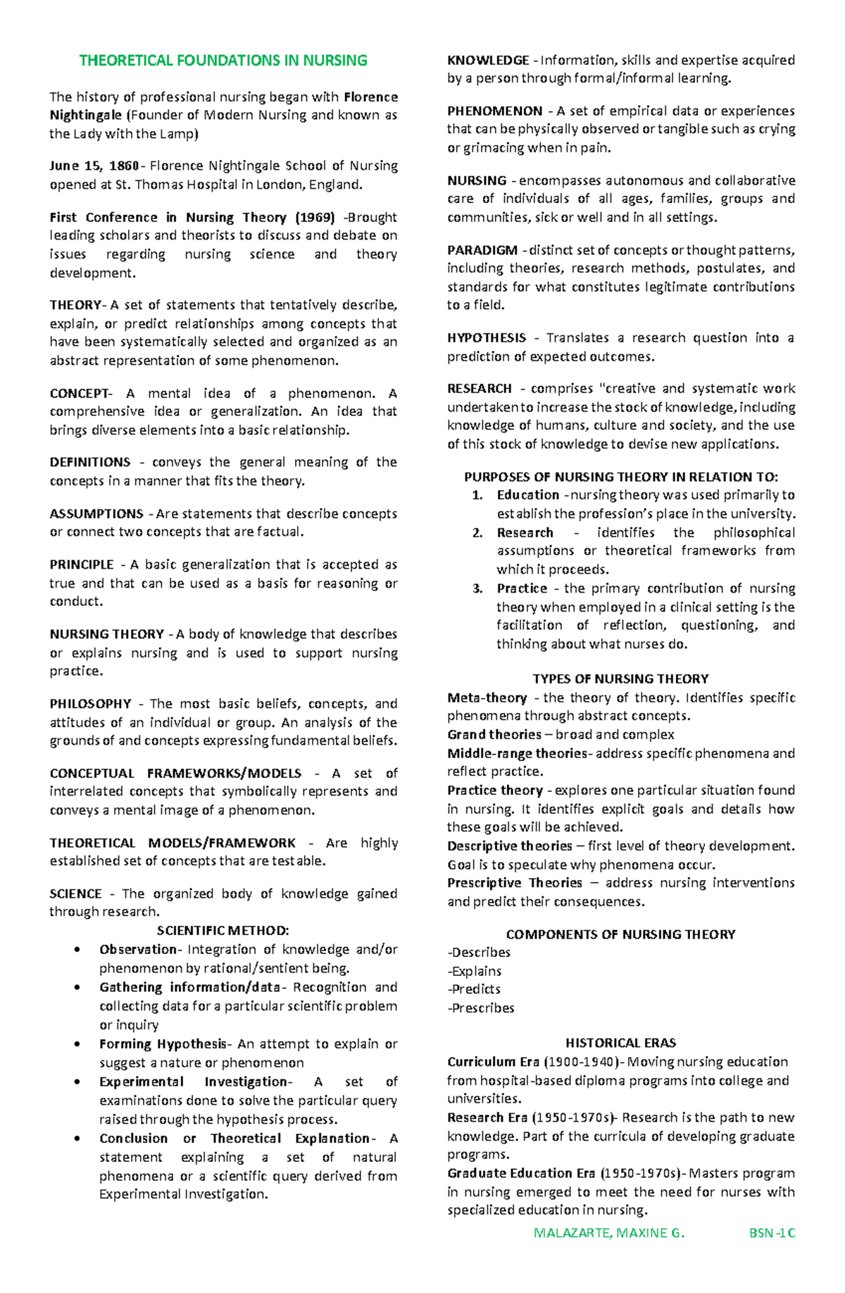 Midterms Reviewer - TFN - THEORETICAL FOUNDATIONS IN NURSING The ...