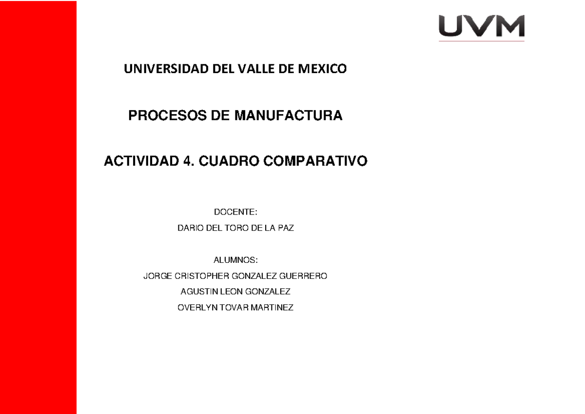 A4 EQ9 - swww - UNIVERSIDAD DEL VALLE DE MEXICO PROCESOS DE MANUFACTURA ACTIVIDAD 4. CUADRO ...