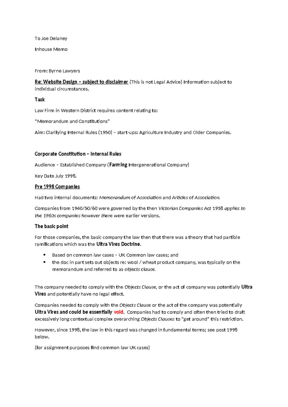 Sample Example 2 - To Joe Delaney Inhouse Memo From: Byrne Lawyers Re ...