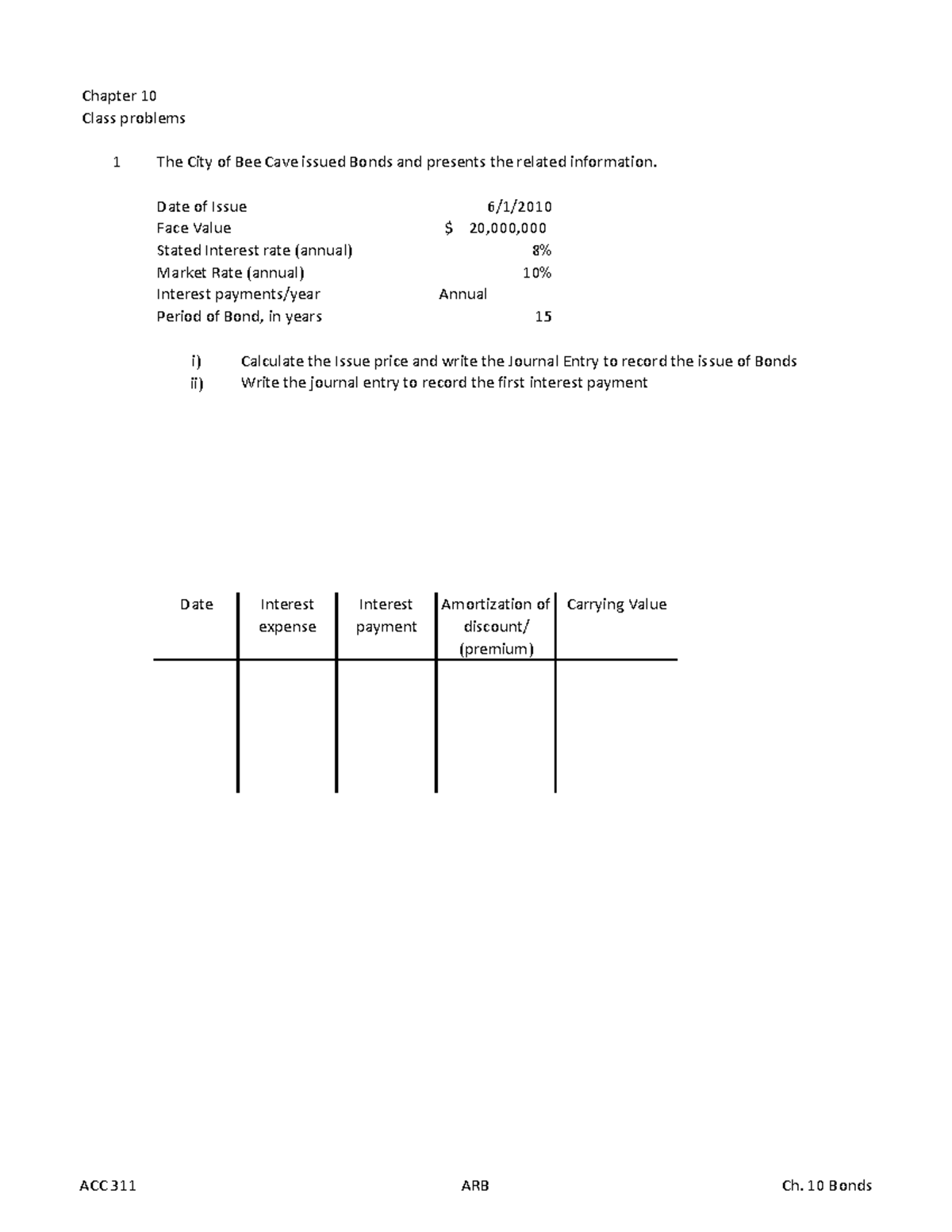 3 Exam - Chapter 10 class problems for Canvas - Chapter 10 Class problems 1 The City of Bee Cave ...