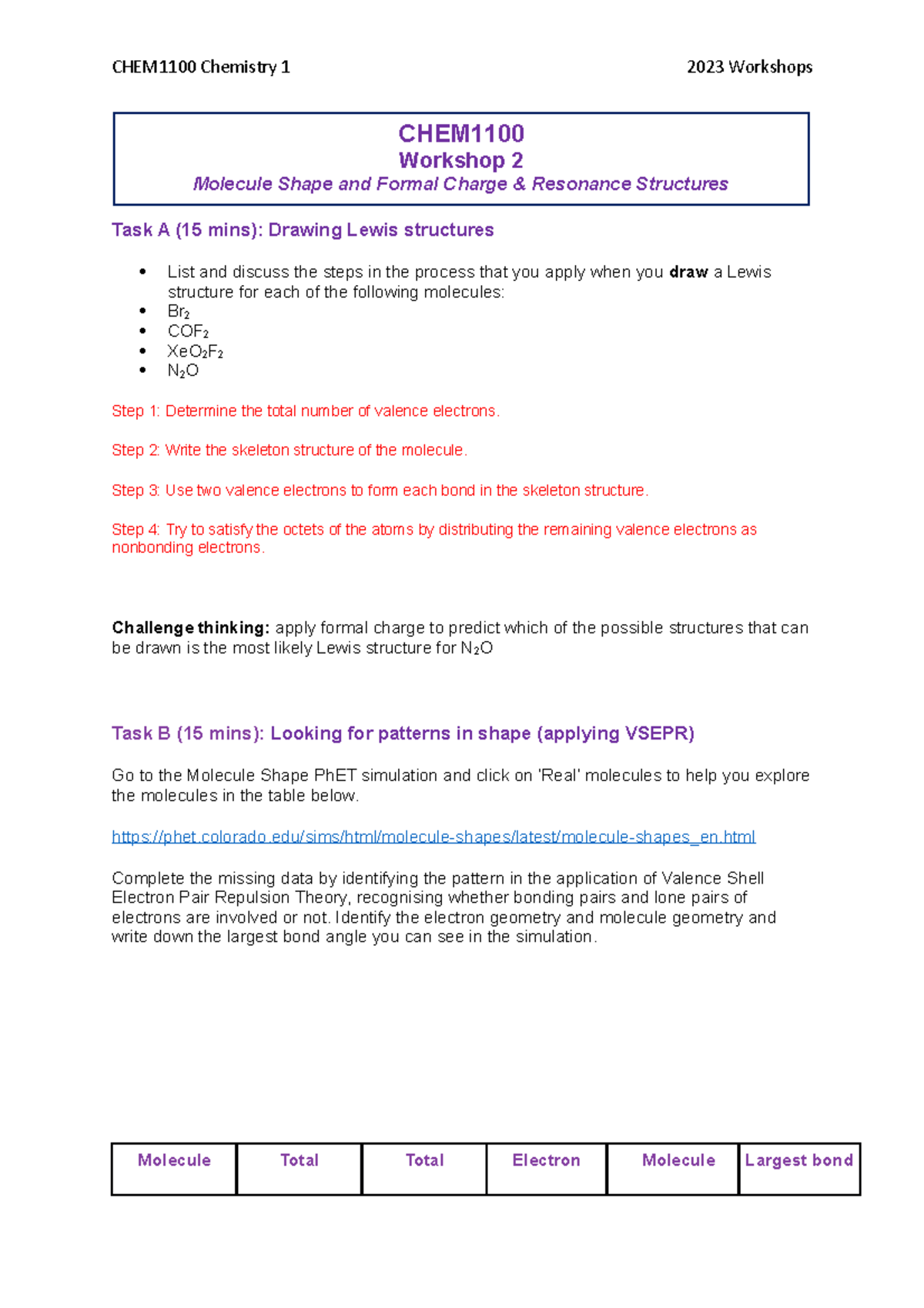 Workshop 2 - CHEM1100 Chemistry 1 2023 Workshops Task A (15 mins ...