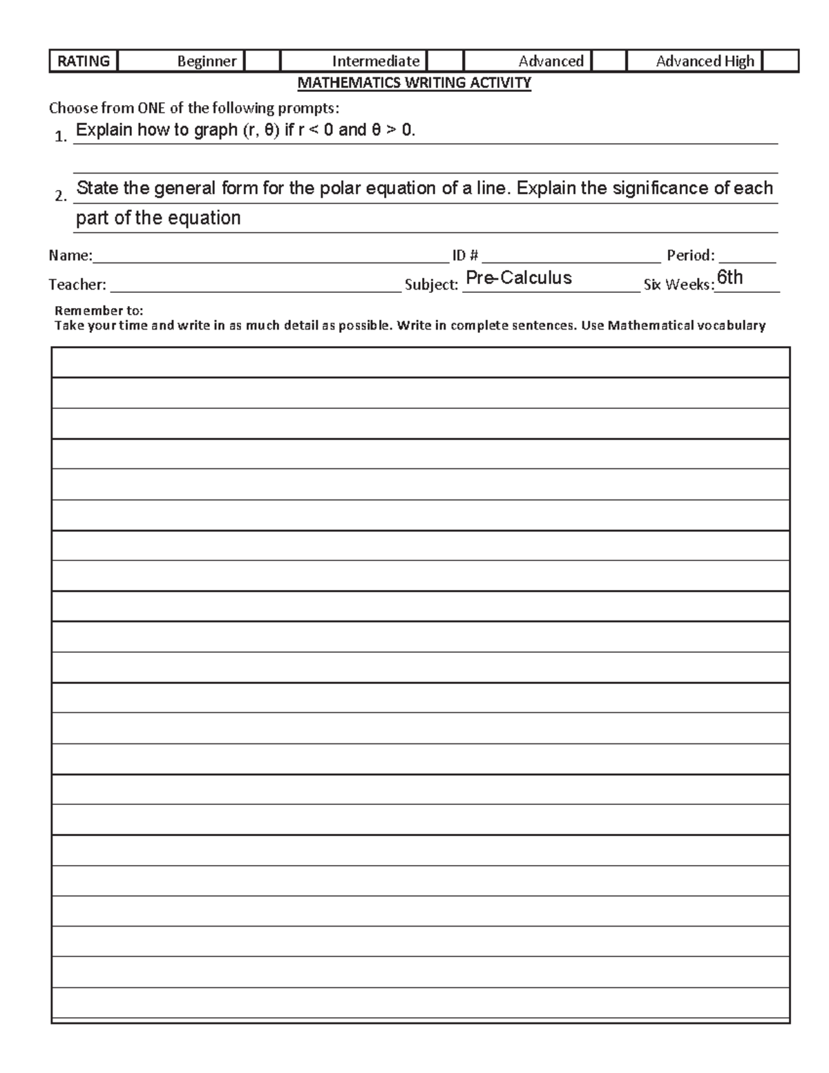 Mathematics writing activity - pre-cal 6th 6 weeks - RATING Beginner ...