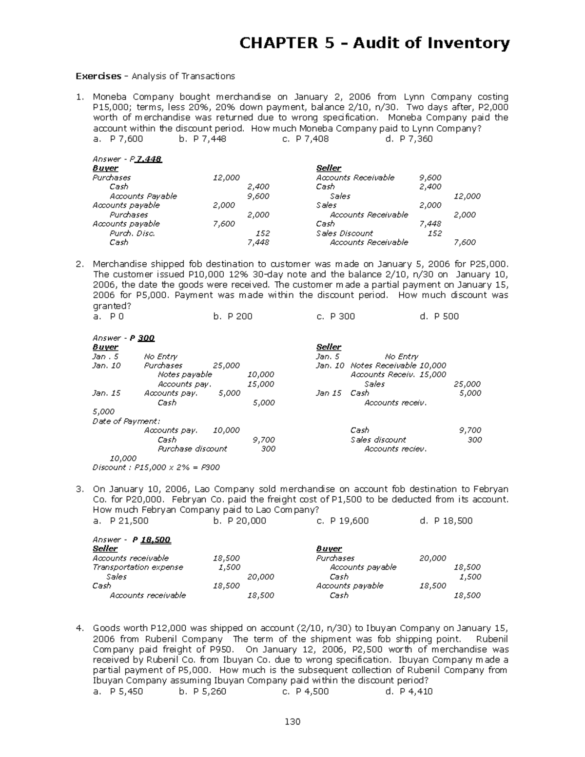 Auditing theory - CHAPTER 5 – Audit of Inventory Exercises - Analysis of Transactions Moneba ...