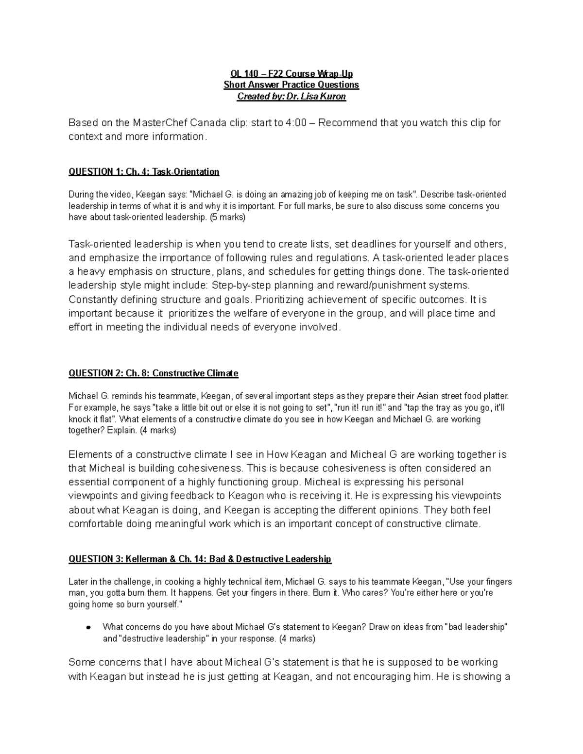 Leadership practice questions - OL 140 – F22 Course Wrap-Up Short ...