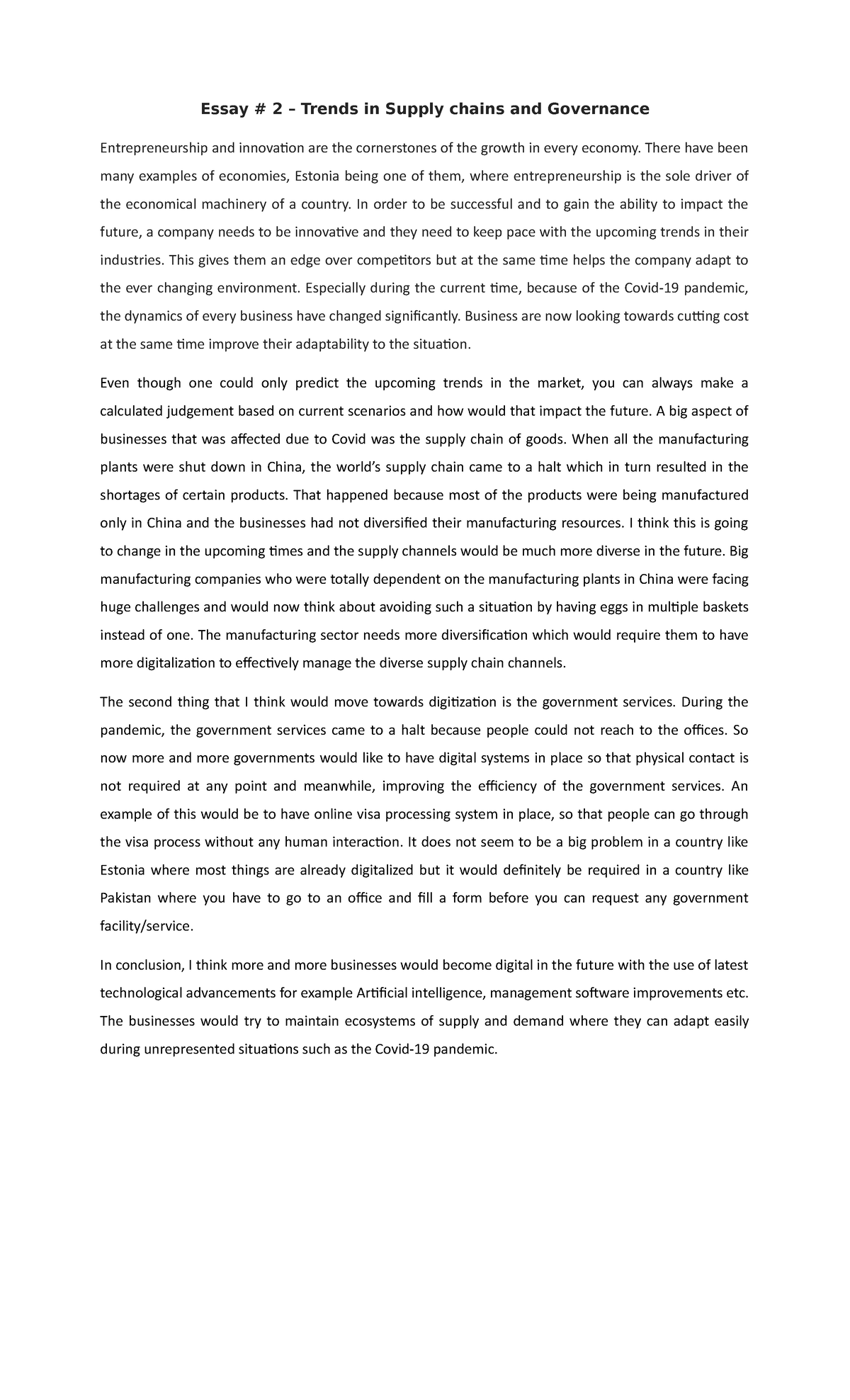 Essey # 2 - Essay # 2 – Trends in Supply chains and Governance ...