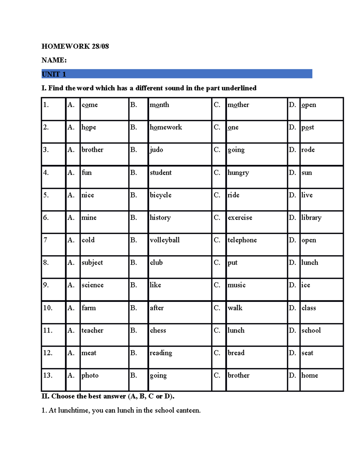 Homework 2808 Review UNIT 1,2 - HOMEWORK 28/ NAME: UNIT 1 I. Find the ...
