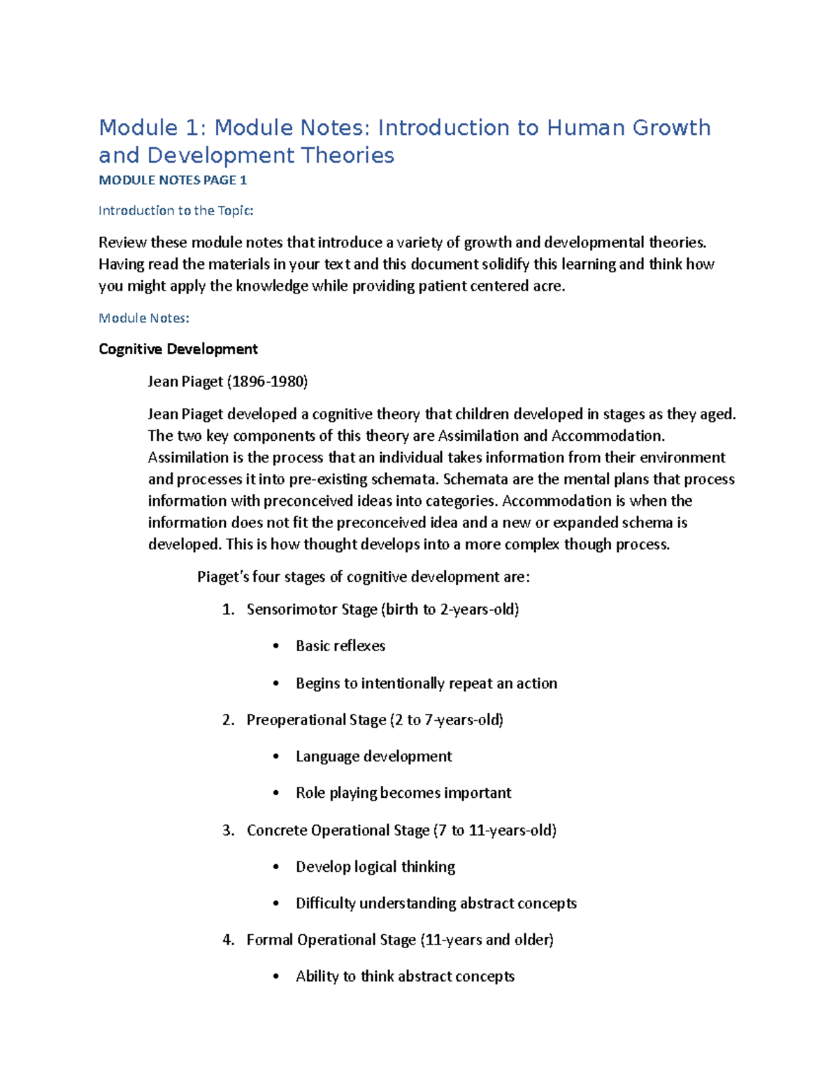 NUR109 Module 1 Notes Growth and Development - Module 1: Module Notes ...