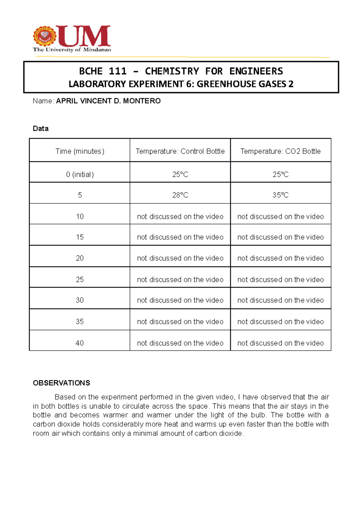 Laboratory Experiment 6 BCHE111 Montero April Vincentmz - Name: APRIL ...