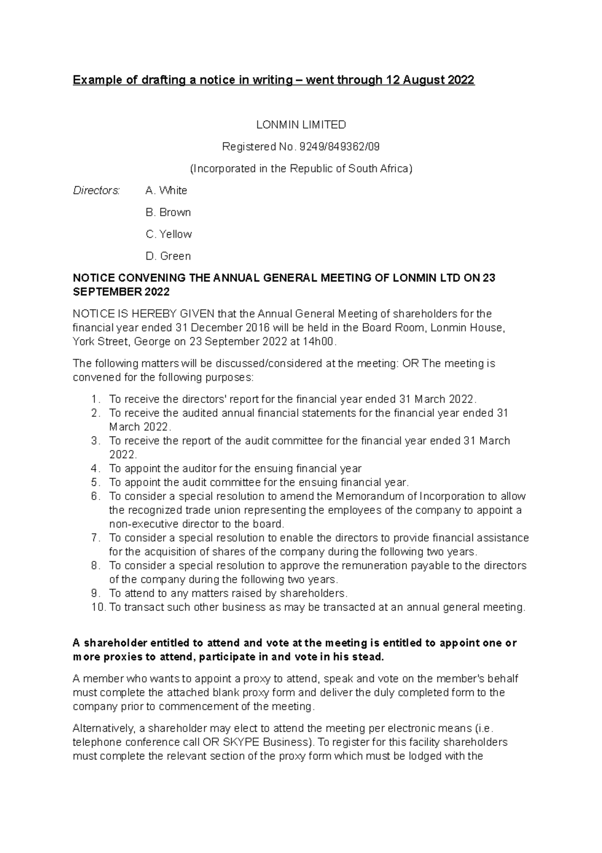 Example of drafting a notice in writing - 9249/849362/ (Incorporated in ...