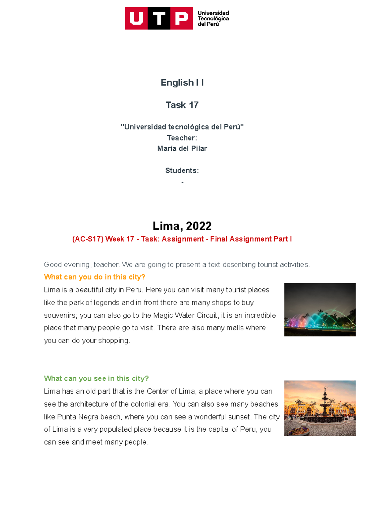 (AC-S17) Semana 17 - Tarea Tarea - Tarea final Parte I - English l l Task 17 "Universidad - Studocu