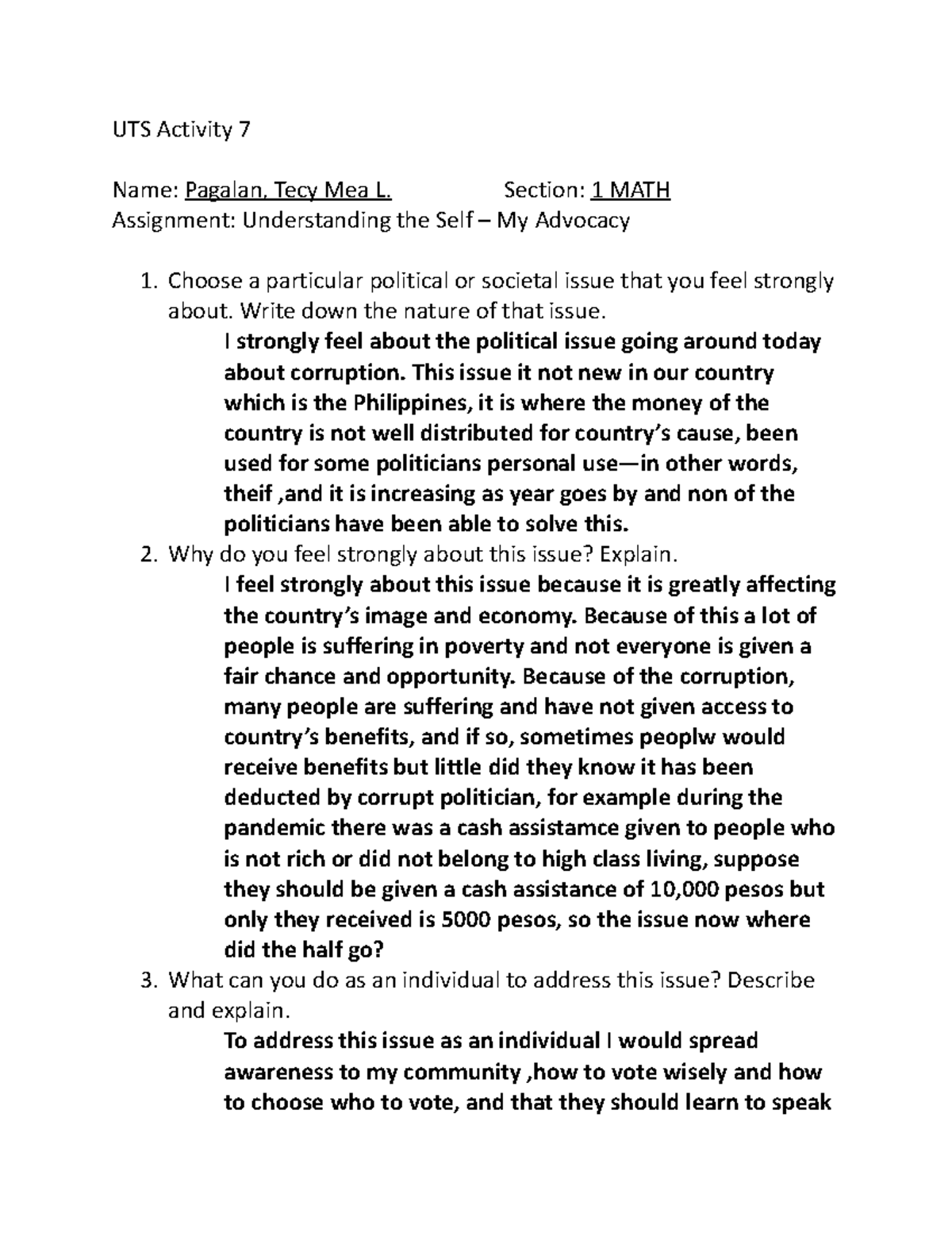 Pagalan.UTS Activity 7 - UTS Activity 7 Name: Pagalan, Tecy Mea L. Section: 1 MATH Assignment ...