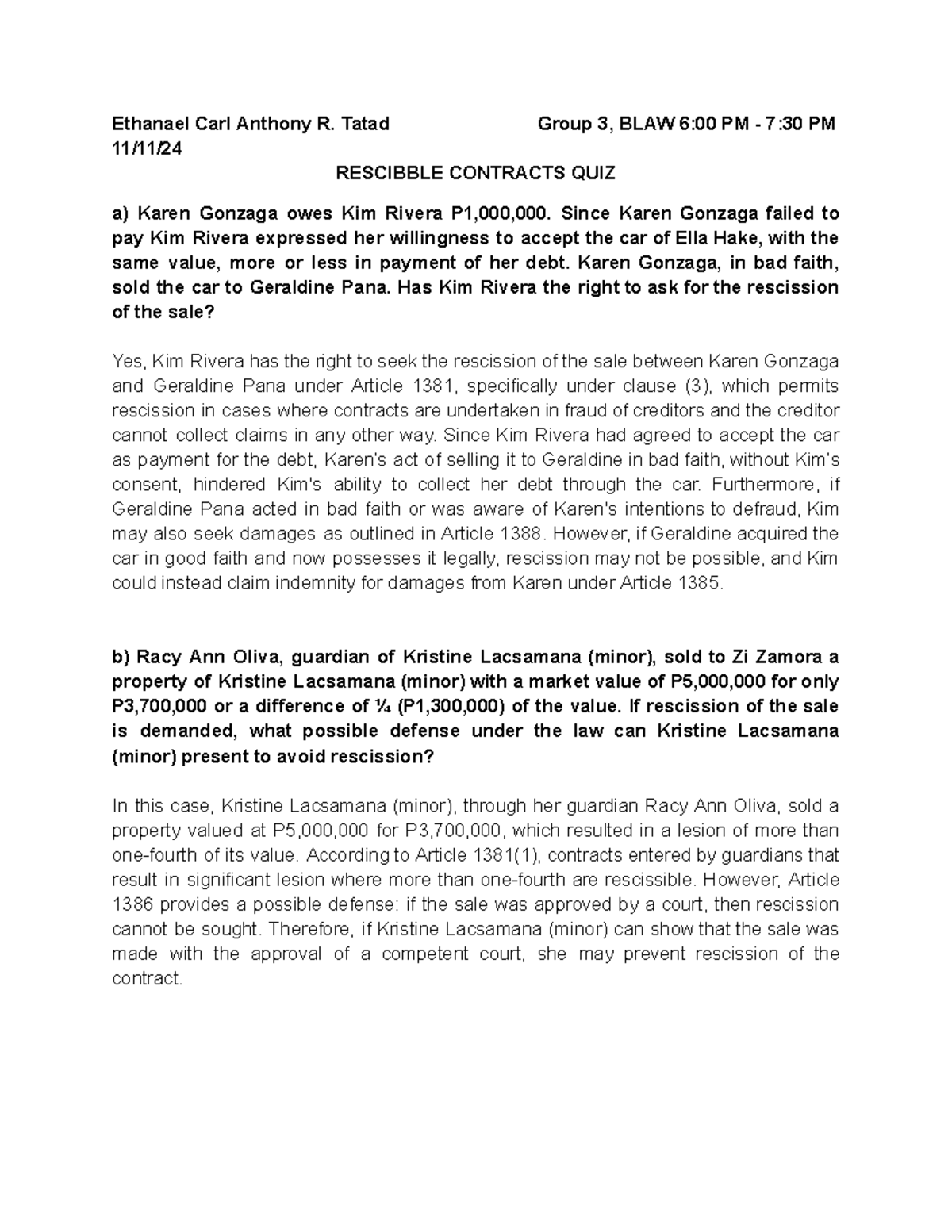 Rescissible Contracts QUIZ - Ethanael Carl Anthony R. Tatad Group 3 ...