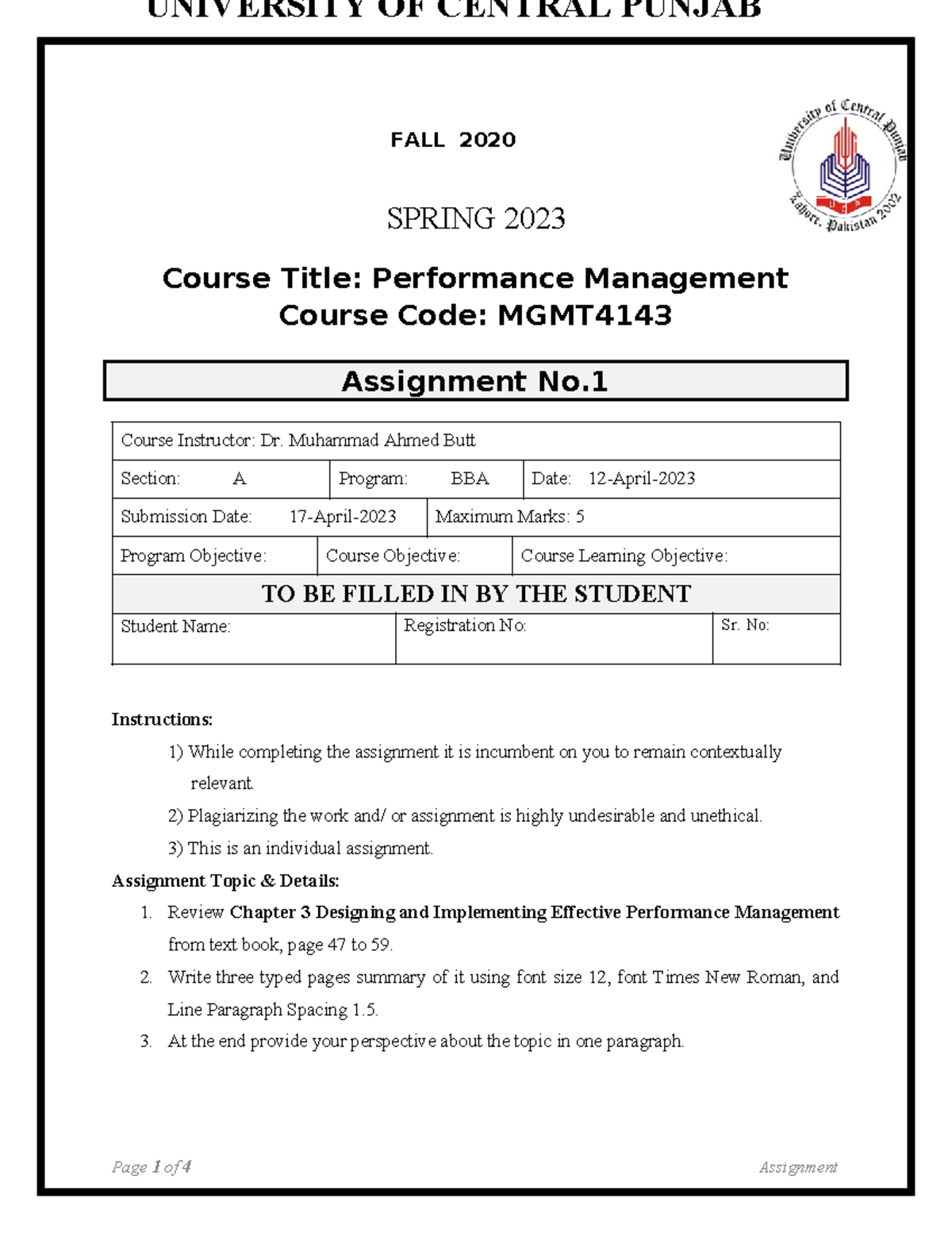 Assignment 1 Performance Management - UNIVERSITY OF CENTRAL PUNJAB FALL ...