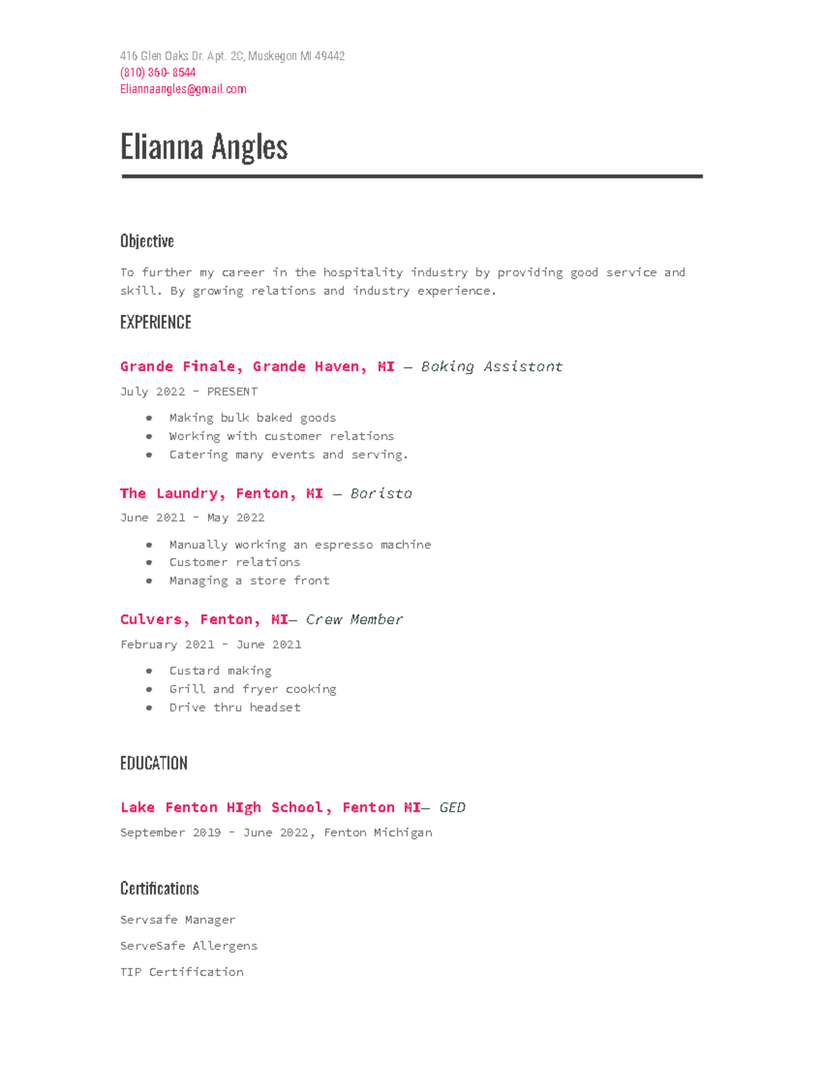 Resume template and info - 416 Glen Oaks Dr. Apt. 2C, Muskegon MI 49442 ...