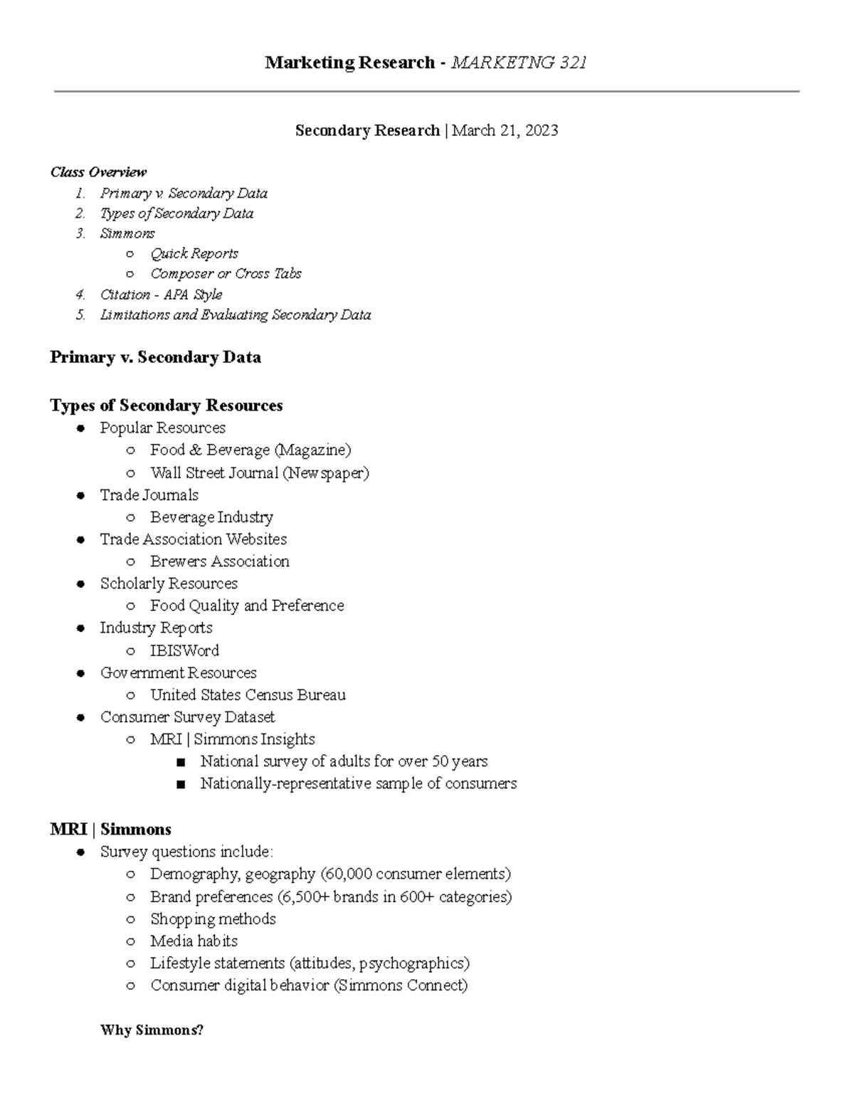 Secondary Research - Marketing Research - MARKETNG 321 Secondary ...