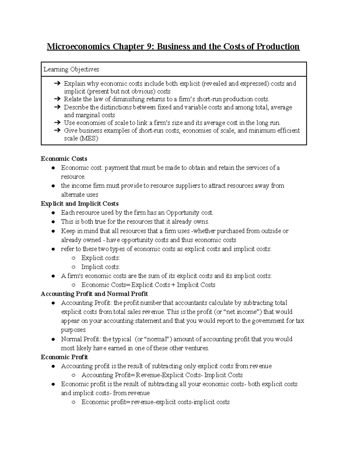 Microeconmics notes - Microeconomics Chapter 9: Business and the Costs ...