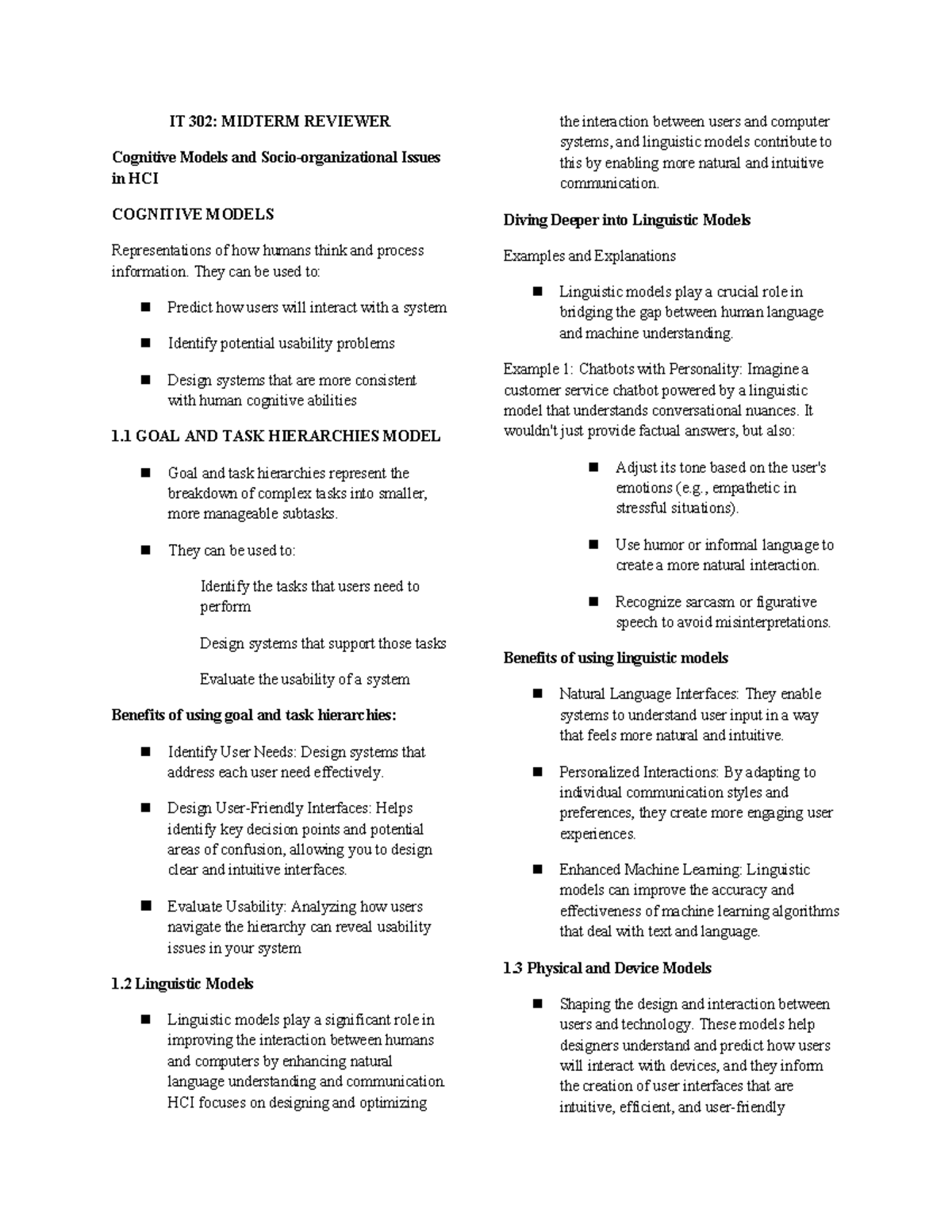 IT 302 midterm lecture - IT 302: MIDTERM REVIEWER Cognitive Models and Socio-organizational ...