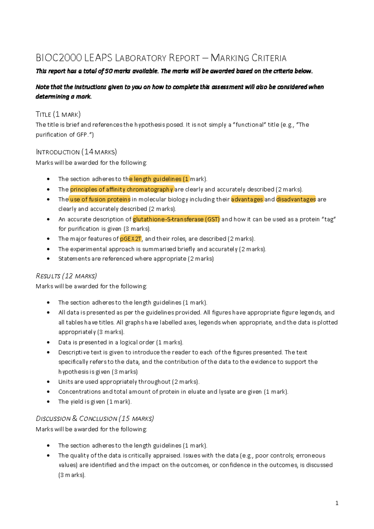 BIOC2000 Practical Report - Marking Criteria - 1 BIOC2000 LEAPS LABORATORY REPORT – MARKING ...