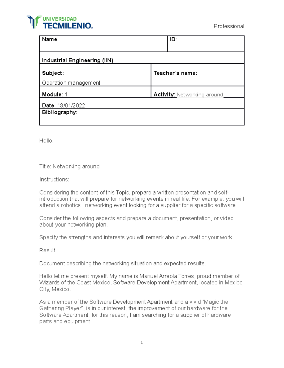 Homework 1 exercise 1 topic 1 for everyone - Professional Name : ID ...