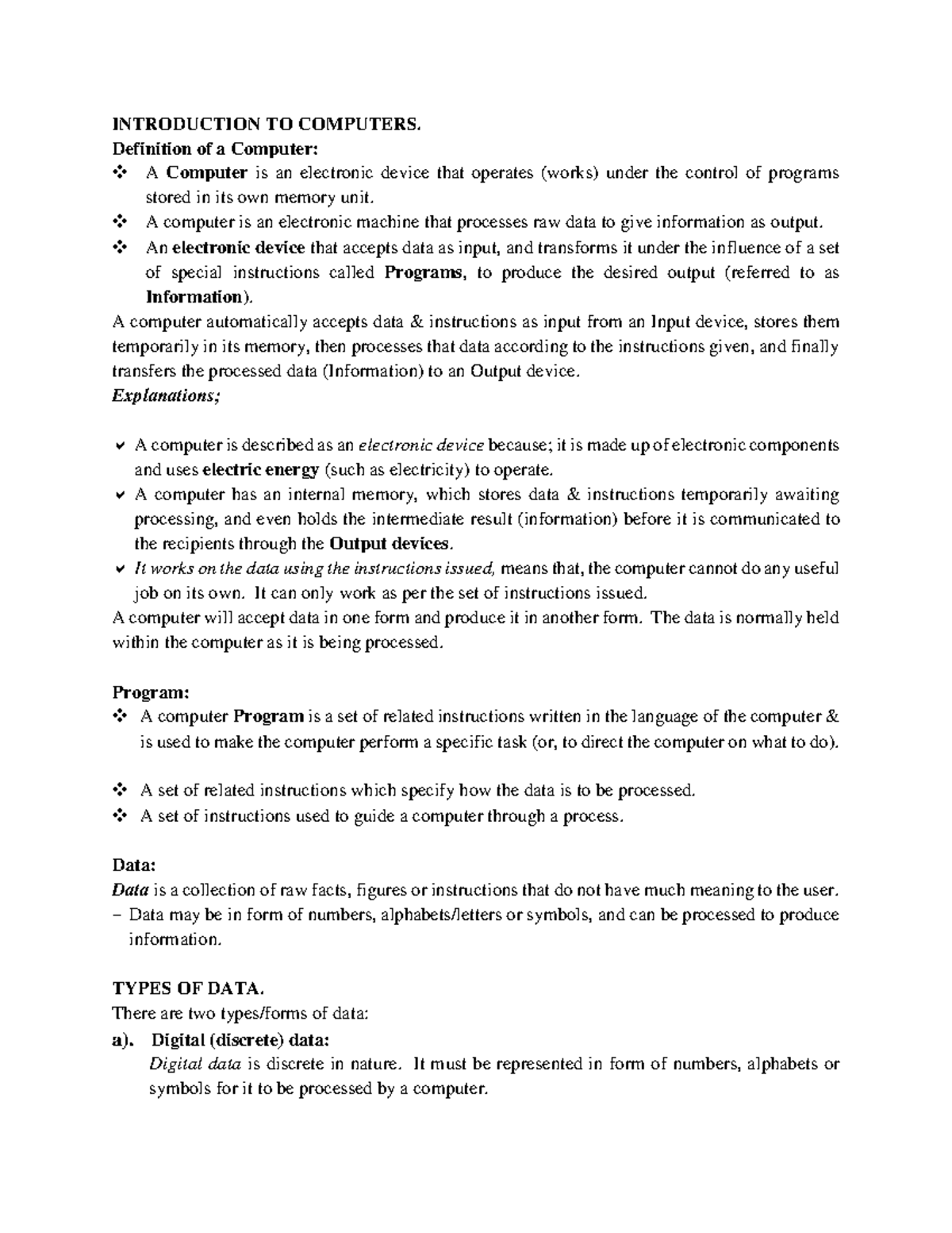 Introduction TO Computers - INTRODUCTION TO COMPUTERS. Definition of a Computer: A Computer is ...