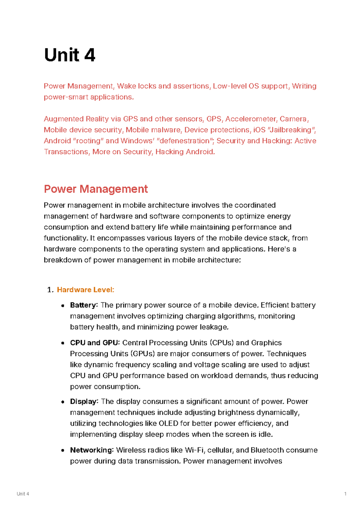 MAP Unit 4 - Unit 4 Power Management, Wake locks and assertions, Low-level OS support, Writing ...