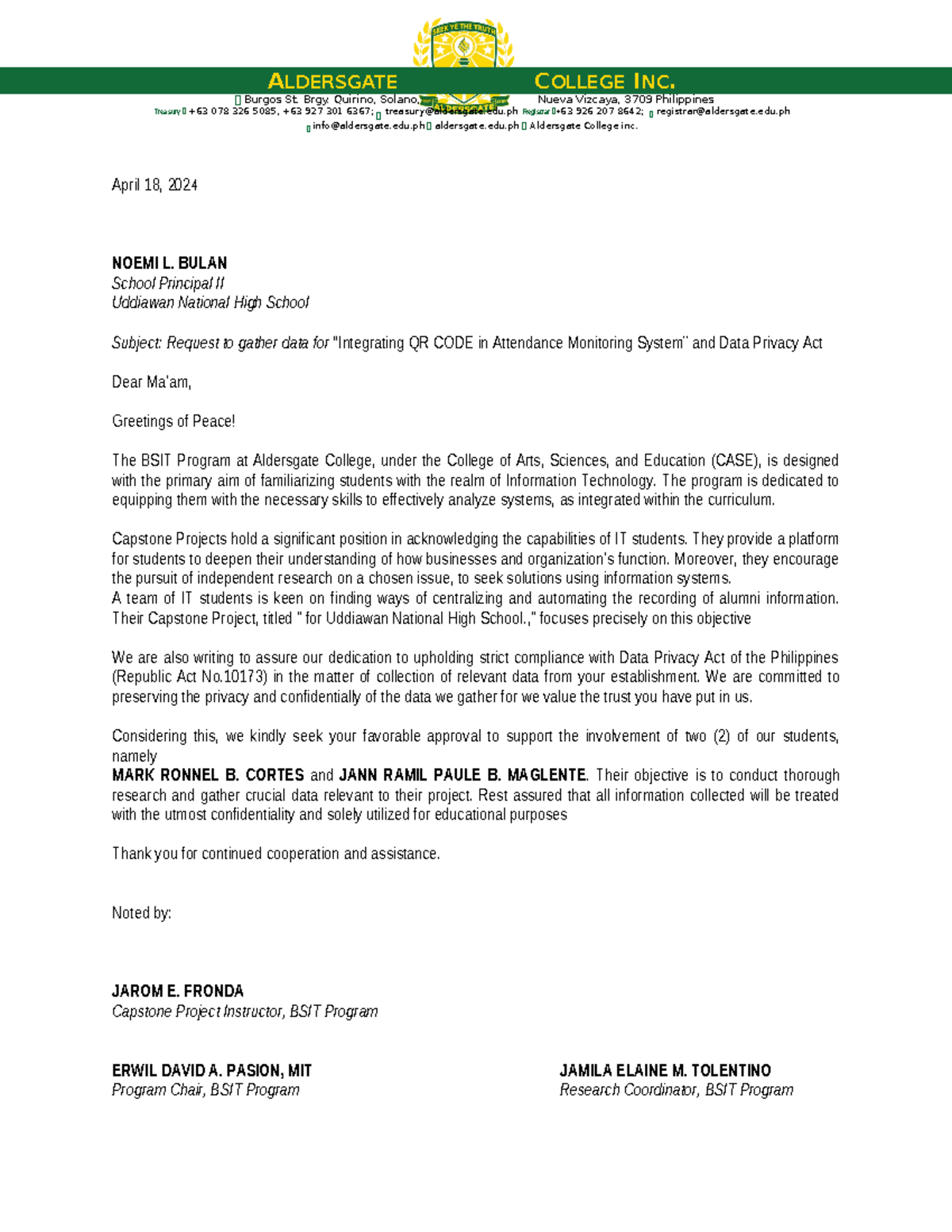 Letter For Request to Gather Data privacy - ALDERSGATE COLLEGE INC ...