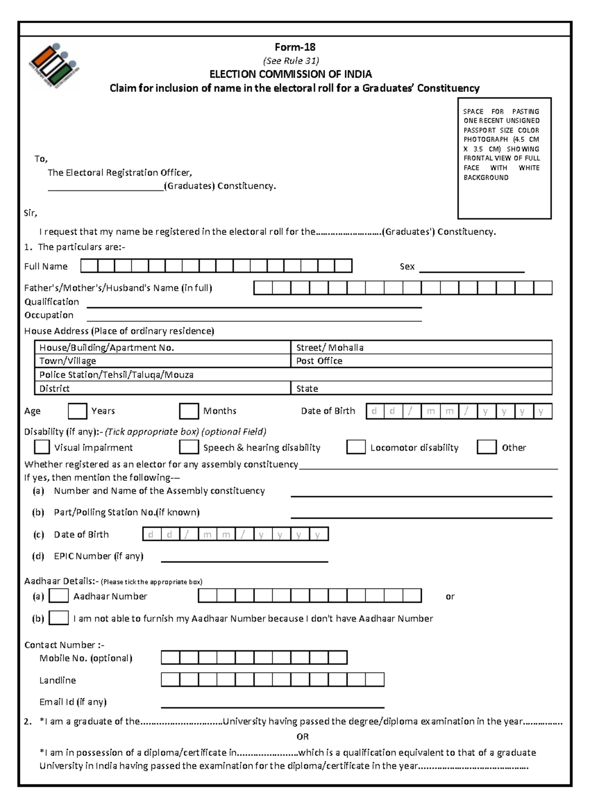 Zl GUnk ZDXf - Form- 18 (See Rule 31 ) ELECTION COMMISSION OF INDIA ...