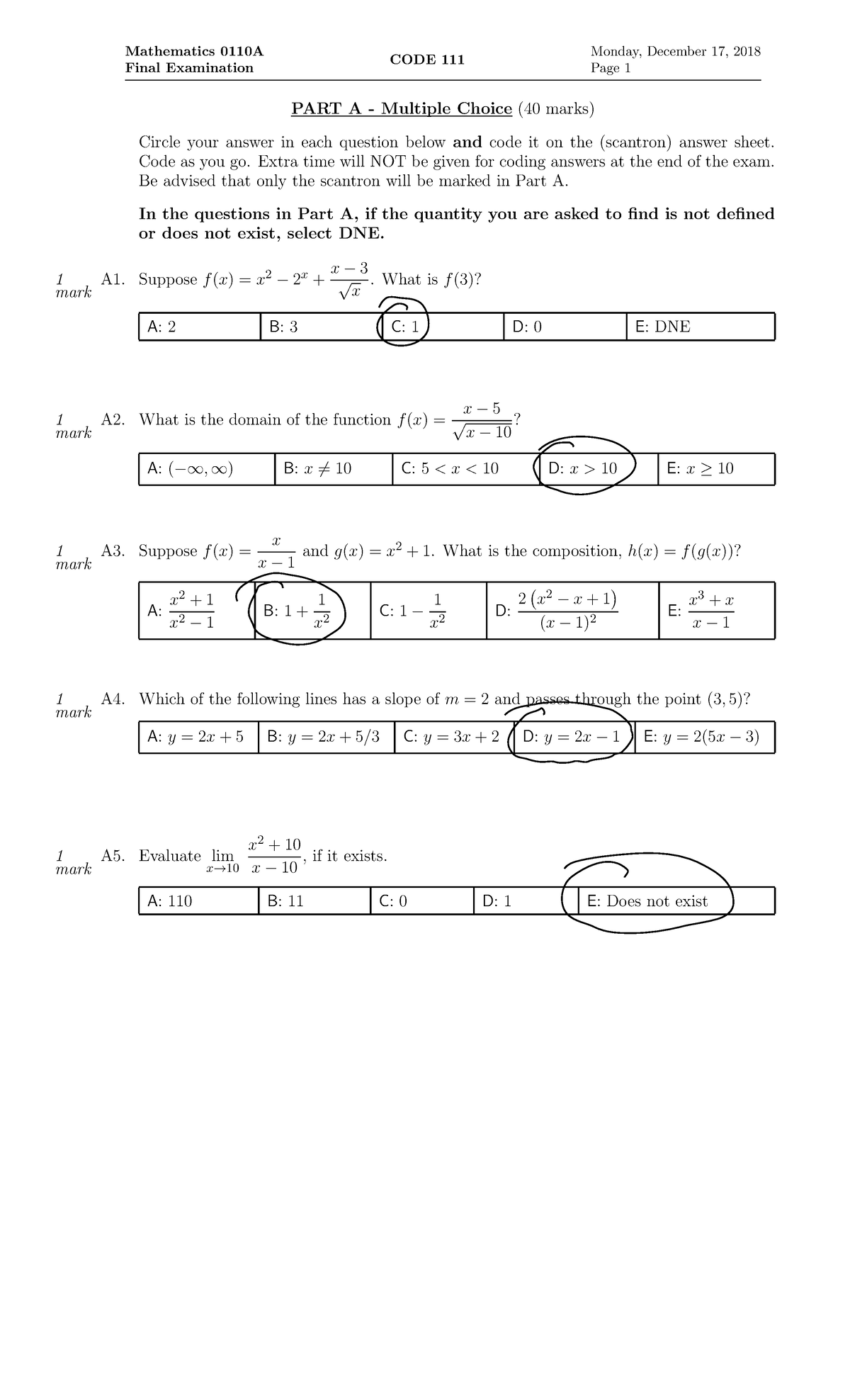 Math0110A 2018 exam111sol-1 - Final Examination CODE 111 Page 1 PART A ...