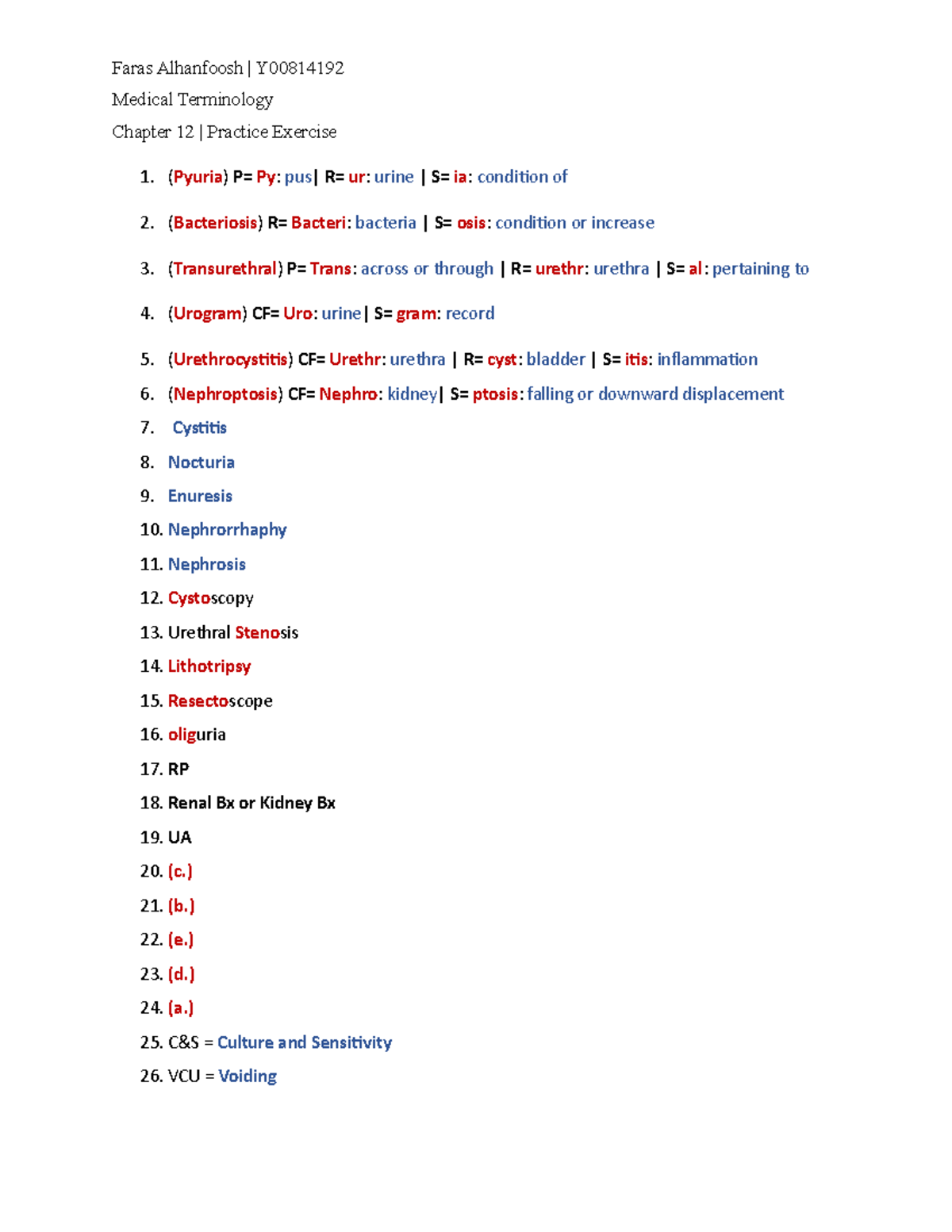 Chapter 11 Practice Exercise - Faras Alhanfoosh | Y Medical Terminology ...