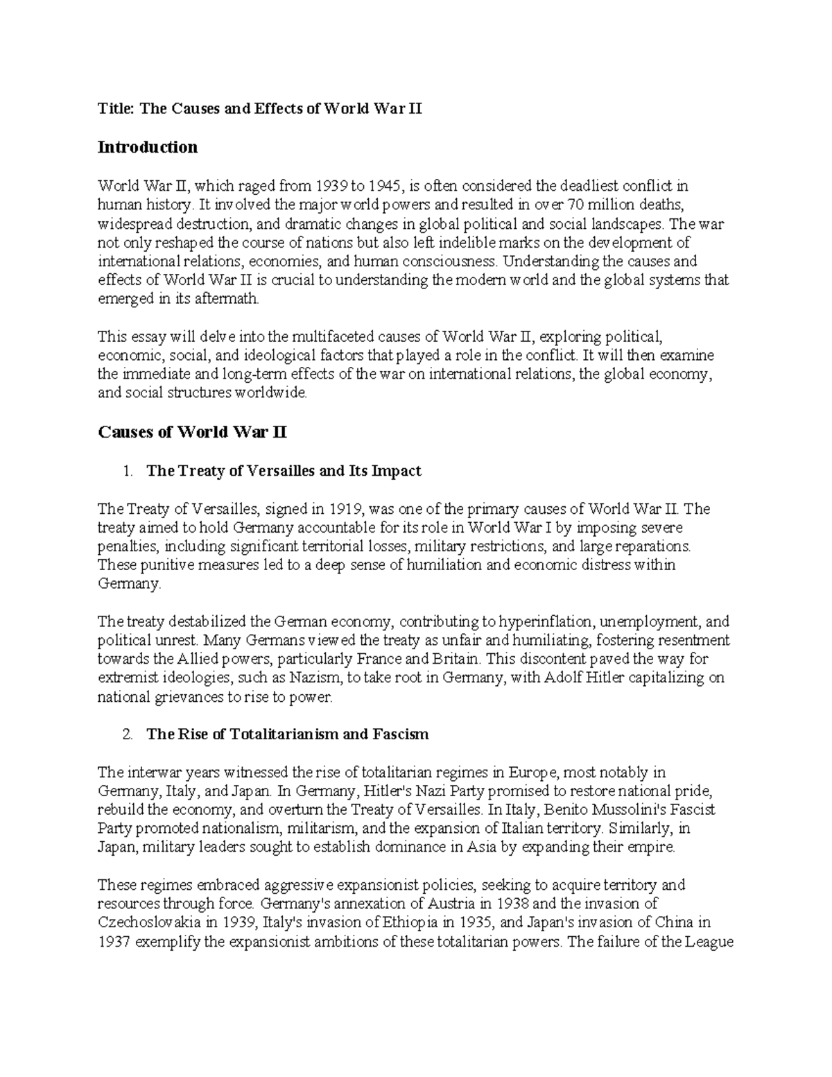World War II causes and effects - Title: The Causes and Effects of ...