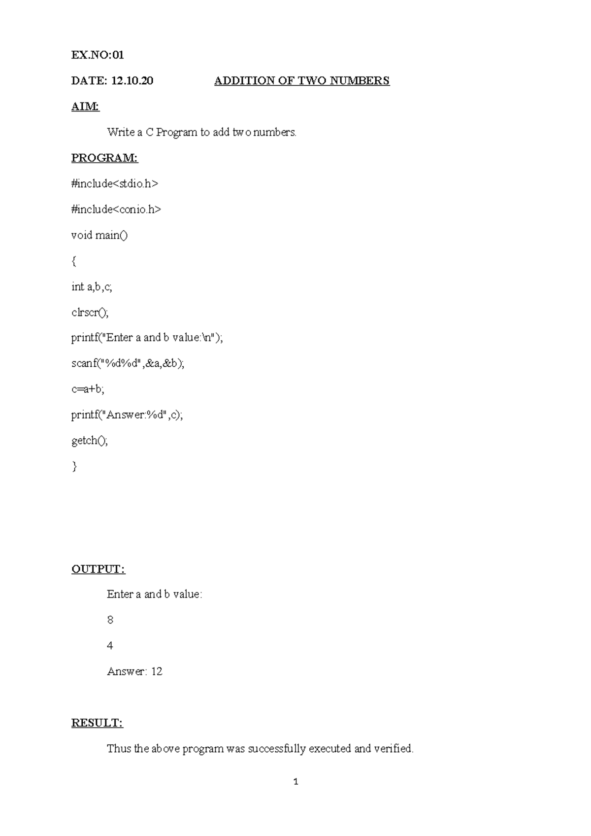 C Lab Manual With Algorithm Ex Date 1210 Addition Of Two Numbers Aim Write A C Program