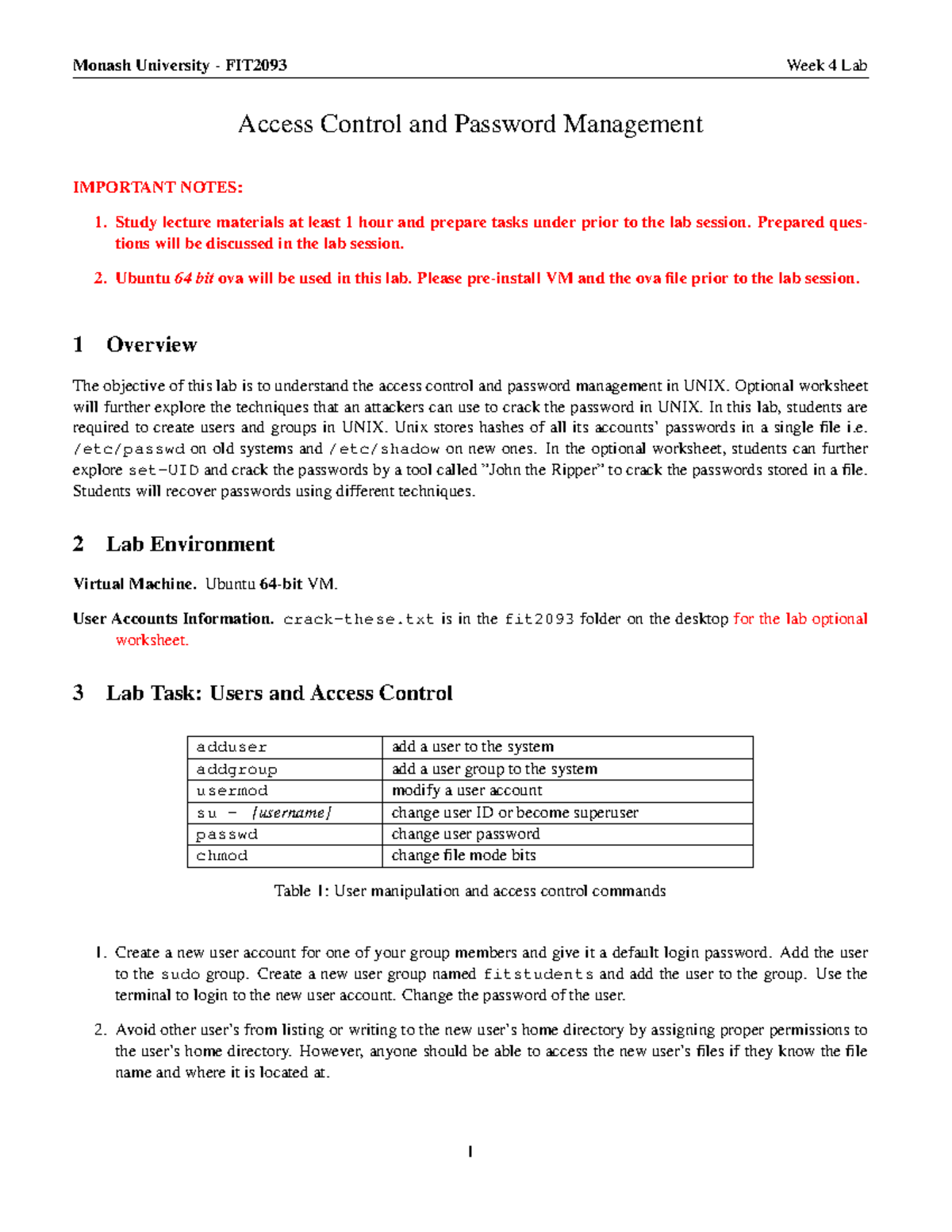 Lab 4 full pdf 2021 fit2093 - Monash University - FIT2093 Week 4 Lab Access Control and Password ...