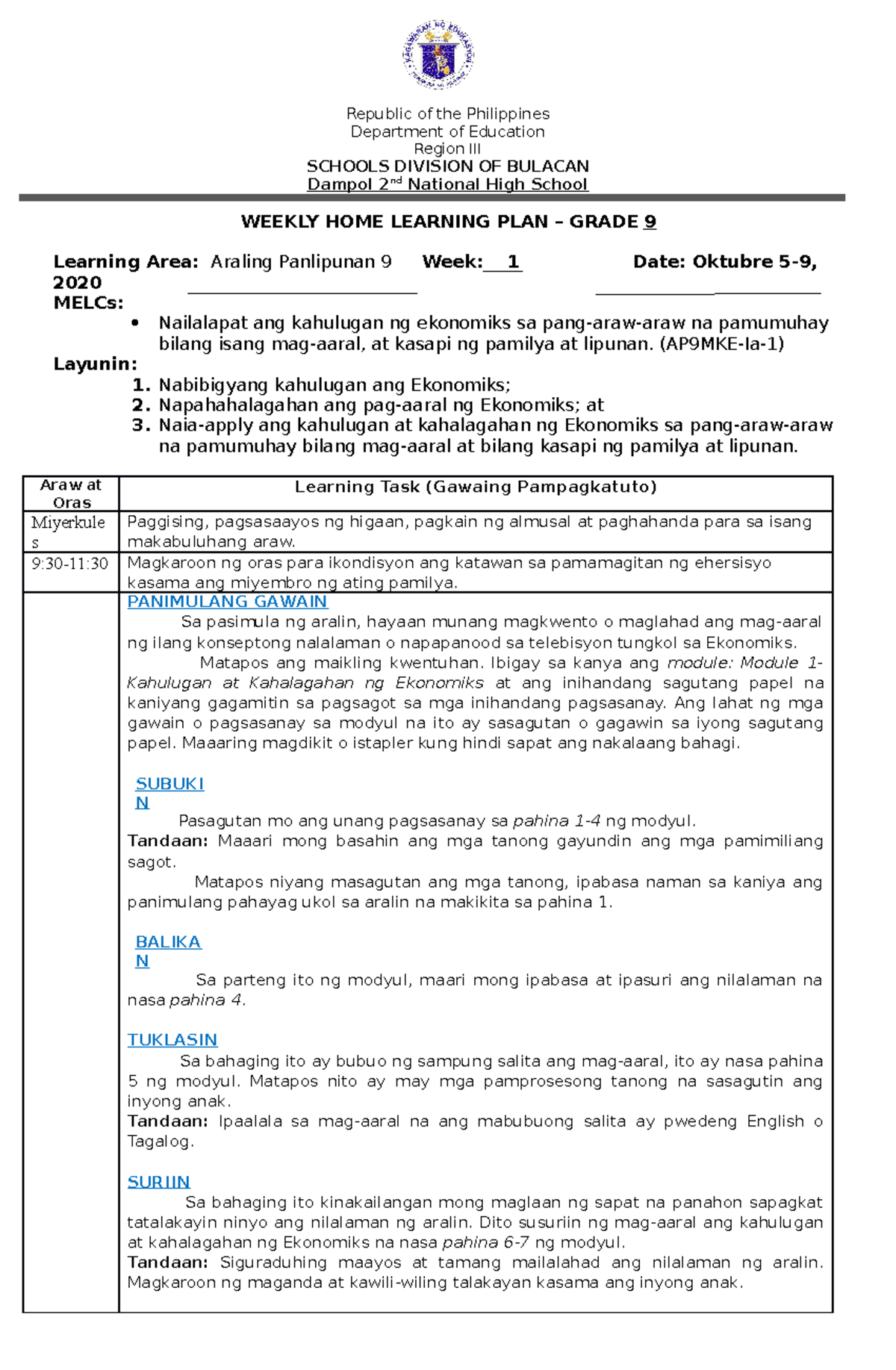AP9-Week1-WHLP - Weekly Home Learning Plan - Republic of the Philippines Department of Education ...